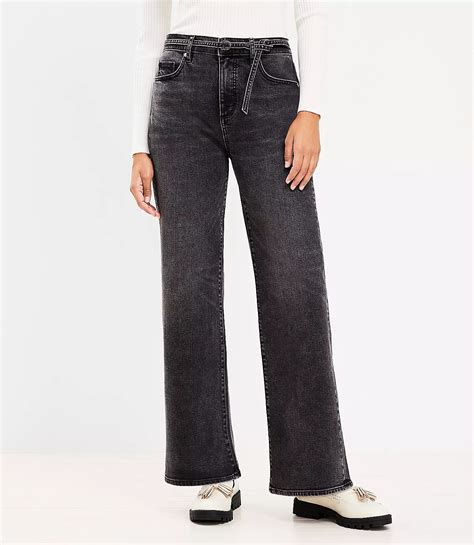 Belted High Rise Wide Leg Jeans In Washed Black Wash