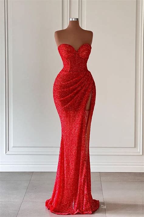 Daisda Red Sweetheart Sleeveless Long Mermaid Sequins Prom Dress With Split