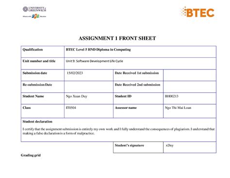 Sdlc Assignment 1 Ngo Xuan Duy Bh00213 Assignment 1 Front Sheet Qualification Btec Level 5 Hnd