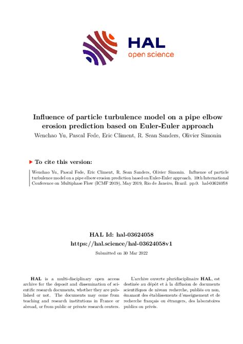 Pdf Influence Of Particle Turbulence Model On A Pipe Elbow Erosion Prediction Based On Euler