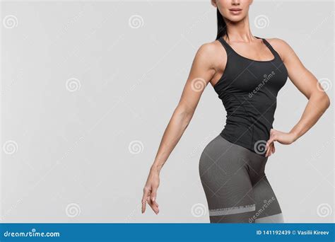 Slim Tanned Woman Body Over Gray Background Stock Image Image Of