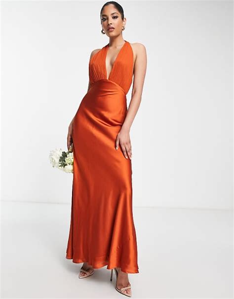 Asos Design Bridesmaid Soft Pleated Bodice Maxi Dress With Satin Skirt