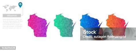 벡터 다각형 위스콘신 지도 집합입니다 낮은 폴리 스타일의 국가의 밝은 그라데이션 지도 인포그래픽을 위한 기하학적 스타일의 여러