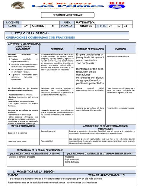 Sesion De Matematica 25 Operaciones Combinadas Pdf Aprendizaje