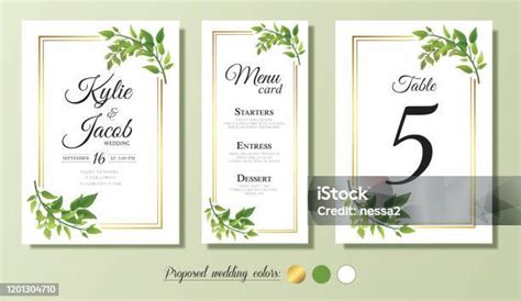 결혼식 초대장 메뉴 테이블 번호 카드 녹색과 금 수채화 잎 꽃 디자인 단풍 녹지 장식 프레임 인쇄 벡터 우아한 귀여운 소박한 인사말 초대 엽서 결혼식에 대한 스톡 벡터 아트