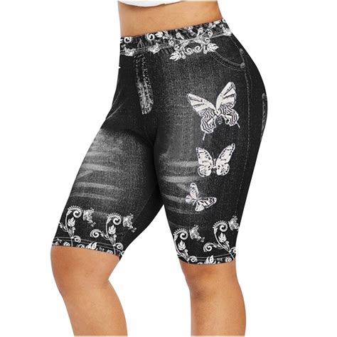 Womens Faux Denim Capris Plus Size Lace Trim Pencil Denim Pants High
