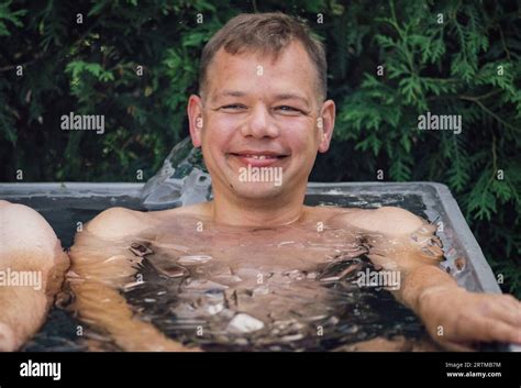Man Ice Bathing In The Cold Water Among Ice Cubes Wim Hof Method Cold