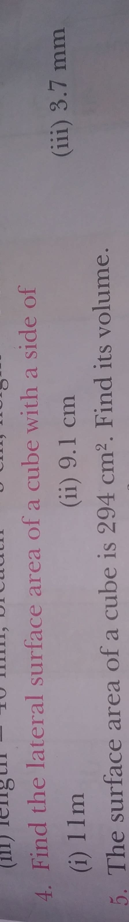 4 find the lateral surface area of a cube with a side of i 11 m ii 9