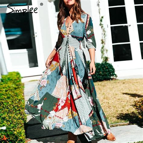 Simplee Boho Floral Print Long Plus Size Women Dress V Neck Button