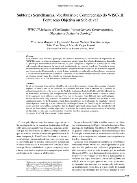 Pdf Wisc Iii Subtests Of Similarities Vocabulary And Comprehension Objective Or Subjective