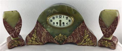 French Art Deco Mantel Clock Marble And Onyx Set By Lemoine Bonnet And