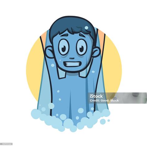 찬물로 샤워에서 재미 있는 소년 평면 디자인 아이콘입니다 평면 벡터 일러스트입니다 흰색 배경에 고립 샤워시설에 대한 스톡 벡터