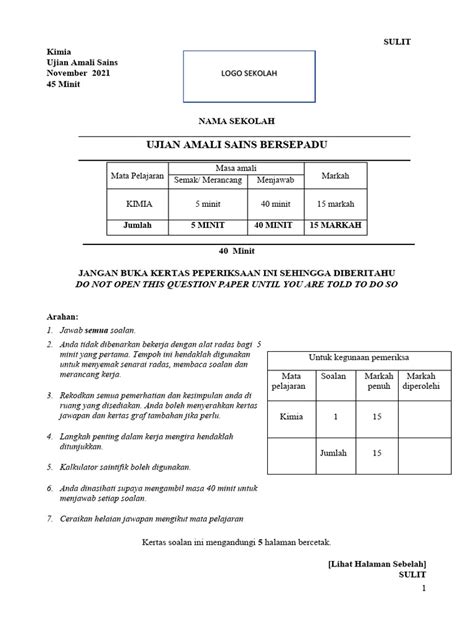 Kertas Amali Kimia Percubaan Spm 2021 Pdf