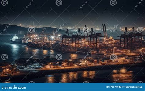 Container Ship Unloading Cargo At Commercial Dock Generated By Ai Stock Illustration