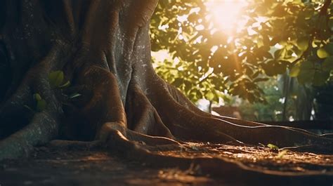 Premium AI Image Tree Trunk With Sunlight Through Leaves