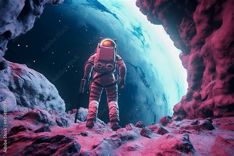 Astronaut In A Modern Spacesuit Exploring An Alien Exoplanet Science