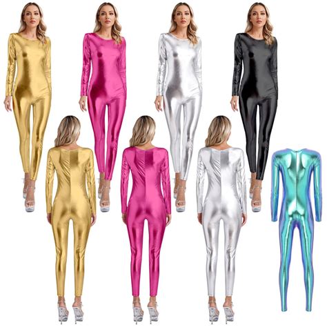 Yoojia Womens Metallic Shiny Unitard Dancewear Round Neck Long Sleeve