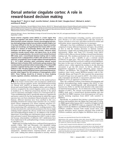 Pdf Dorsal Anterior Cingulate Cortex A Role In Reward Based Decision Making