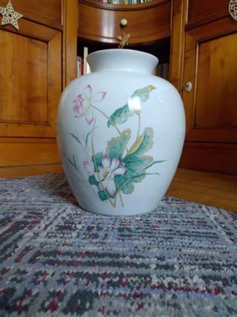 Grand Vase DÉcor Lotus Porcelaine De Limoges Blanche Feuillade 28 Cm