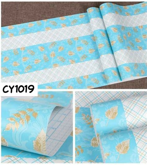 Wallpaper Sticker Dinding Biru Putih Garis Berdaun Emas Cantik Batik