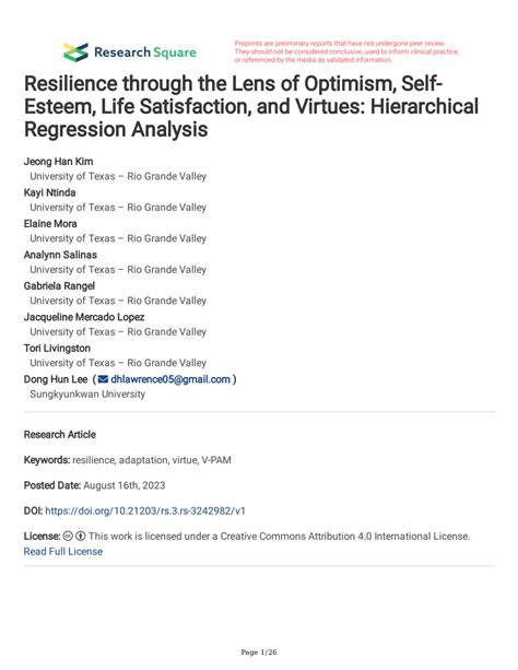Pdf Resilience Through The Lens Of Optimism Self Esteem Life