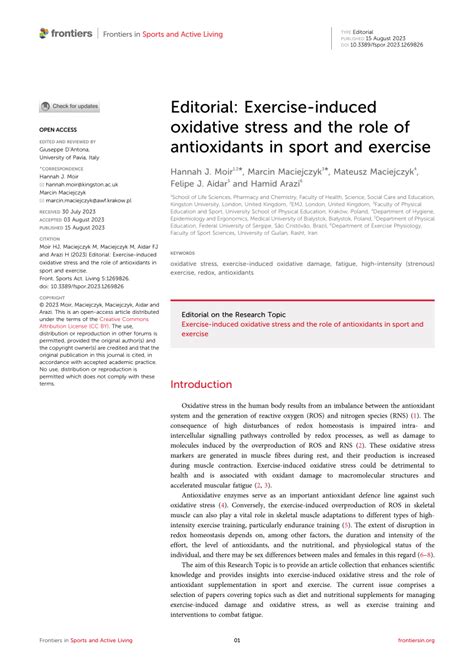 Pdf Editorial Exercise Induced Oxidative Stress And The Role Of