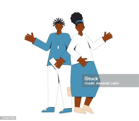 두 명의 아프리카계 미국인 청소년이 함께 서 있습니다 캐주얼 한 옷을 입고 젊은 남성 Amd 여성 친구 다시 서 쌍 벡터 선