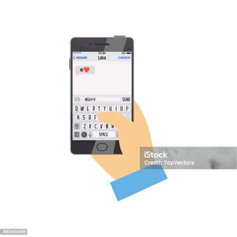 남자 S 플랫 만화 그림 손 전화 화면에 Hello 텍스트 입력 여성 사랑 메시지에 대답 채팅을 사랑 해요 벡터 흰색 절연