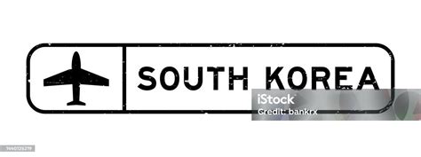 그런 지 블랙 한국 단어 비행기 아이콘 사각형 고무 씰 스탬프 흰색 바탕에 관광에 대한 스톡 벡터 아트 및 기타 이미지 관광