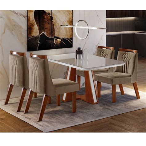 Conjunto Sala De Jantar Mesa Madri Tampo Mdf E Vidro E 4 Cadeiras