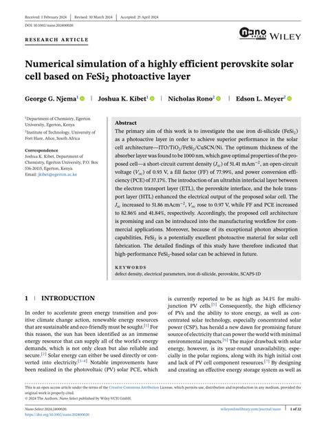 Pdf Numerical Simulation Of A Highly Efficient Perovskite Solar Cell
