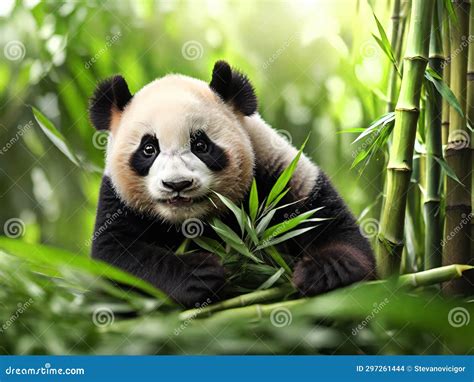 Cute Young Panda Eating Bamboo Leaves Generative Ai Stock Illustration