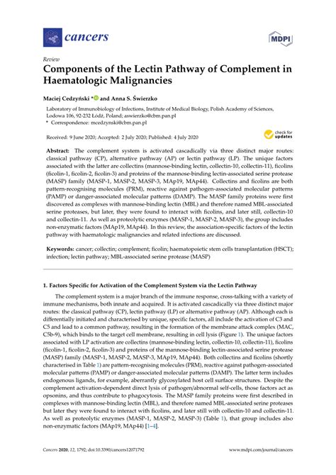 Pdf Components Of The Lectin Pathway Of Complement In Haematologic Malignancies
