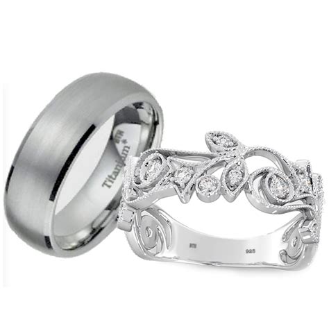 His And Hers Couple Rings Set Titanium 925 Sterling Silver Wedding