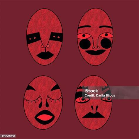 그림 붉은 색의 네 추상적인 이상한 얼굴 다른 표정과 감정 Mental Wellbeing에 대한 스톡 벡터 아트 및 기타 이미지