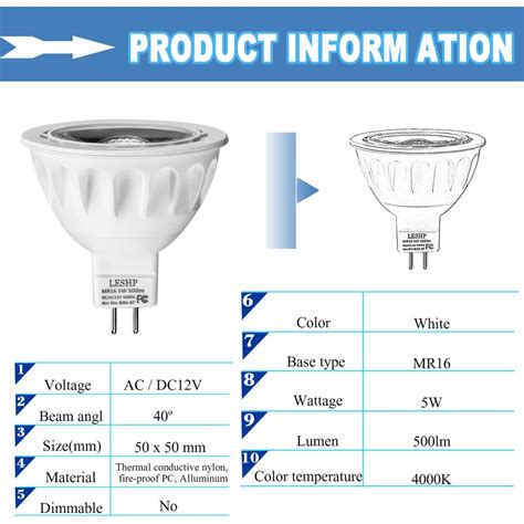 LESHP White MR16 AC DC12V 5W LED Spotlight 4000K 5 Grandado