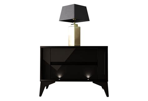 Designerski stolik nocny w czarnym połysku do sypialni z oświetleniem LED i dwiema szufladami