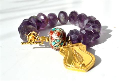 Amethyst And Brass Focal Bead Bracelet With Turquoise