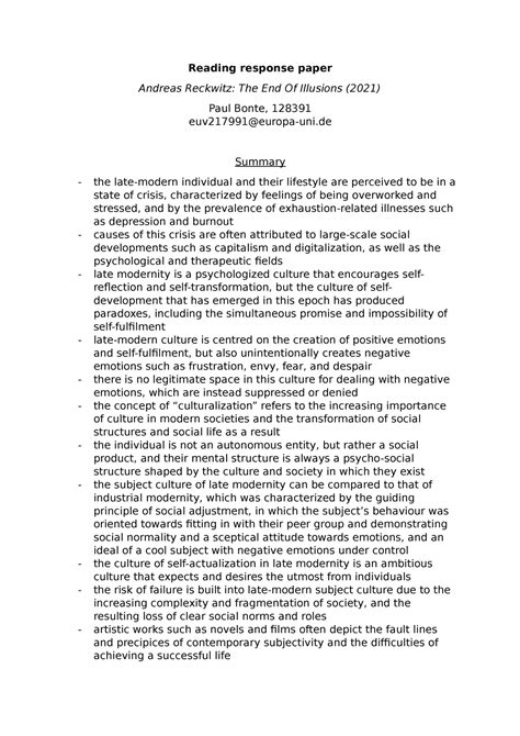Reading Paper New Sensibilities Reading Response Paper Andreas Reckwitz The End Of