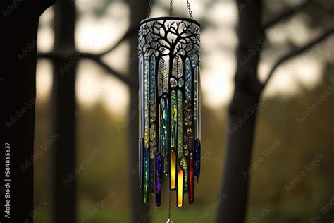 Stained Glass Wind Chime Hanging From A Tree With The Wind Gently