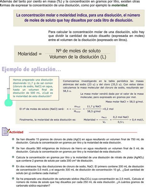 Molaridad de una disolución Concepto y aplicación Ficha didáctica con