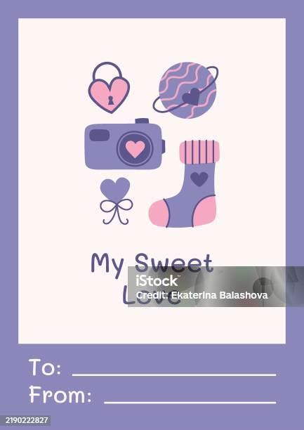 내 달콤한 사랑 보라색 발렌타인 데이 로맨틱한 요소 자물쇠 행성 카메라 양말 심장과 발렌타인 데이 인사말 카드 벡터 손으로 그린 그림입니다 14에 대한 스톡 벡터 아트 및
