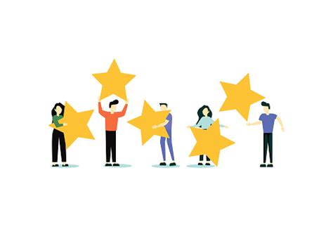 행복한 사람들은 그들의 머리 위에 리뷰 별을 들고있다 별 5개 고객 평가 평가 및 고객 피드백 개념 현대 벡터 그림입니다 1위에