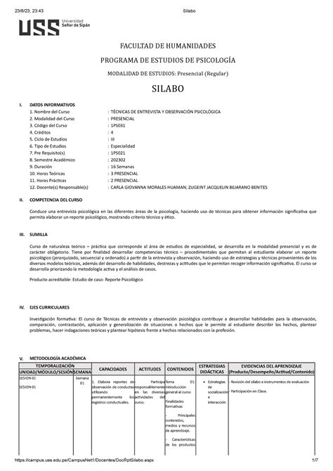 Sílabo 2023 Ii Teops Facultad De Humanidades Programa De Estudios De