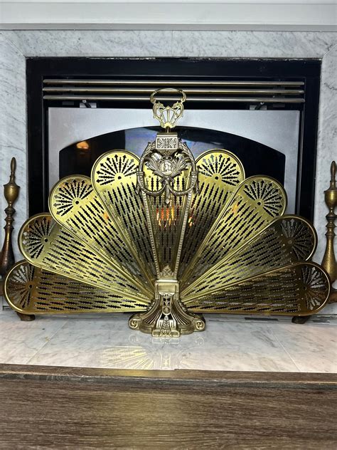Vintage Victorian Brass Peacock Fan Fireplace Screen Cameo Fireplace