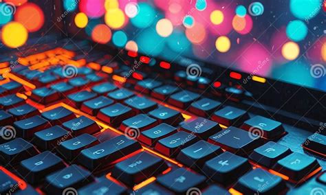 Close Up View Computer Keyboard With Illuminated Keys Featuring Mix Blue Orange And Pink Hues