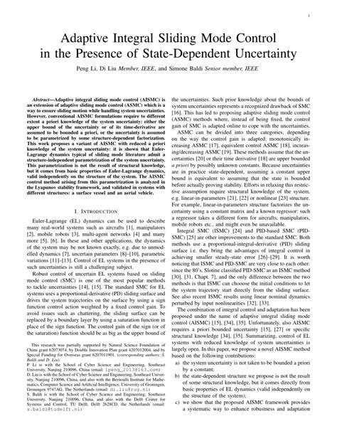 PDF Adaptive Integral Sliding Mode Control In The Presence Of State Dependent Uncertainty