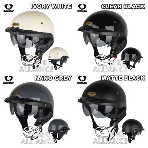 Ready Stock Soman H3 Retro Half Helmet With Inner Visor Vintage Design