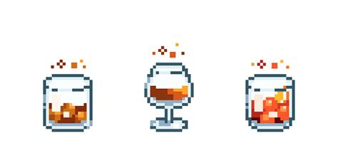 픽셀 아트 강한 알코올 세트의 집합 복고풍 90 년대 게임 8 강한 알코올 음료의 픽셀 모자이크 유리의 비트 아이콘 게임 및 스티커에 대한 벡터 픽셀 클래식 파티 음료