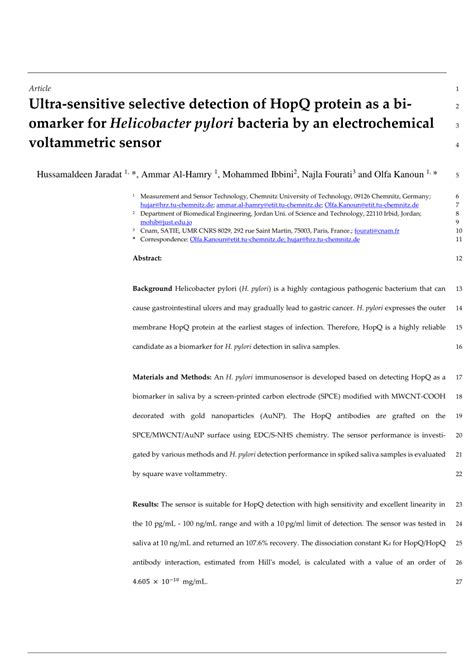 Pdf Ultra Sensitive Selective Detection Of Hopq Protein As A Biomarker For Helicobacter Pylori